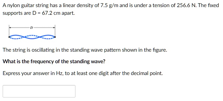 A nylon guitar string has a linear density of 7.5 g/m and is under a tension of 256.6 N. The ...