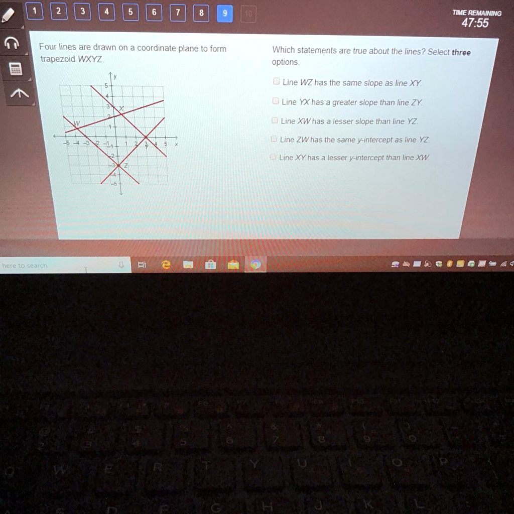 Help me please... TIME REMAINING 47.55 Four lines are drawn on a coordinate plane to form ...
