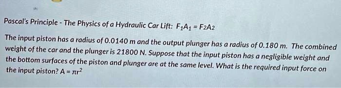SOLVED: Pascal's Principle - The Physics of a Hydraulic Car Lift: FA ...