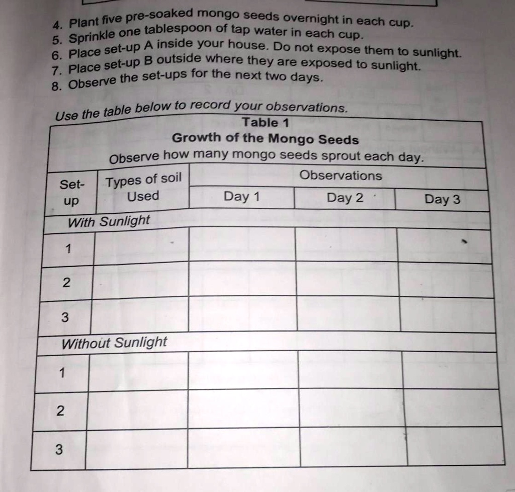 4. Plant five pre-soaked mongo seeds overnight in each cup. 5. Sprinkle one tablespoon of tap ...