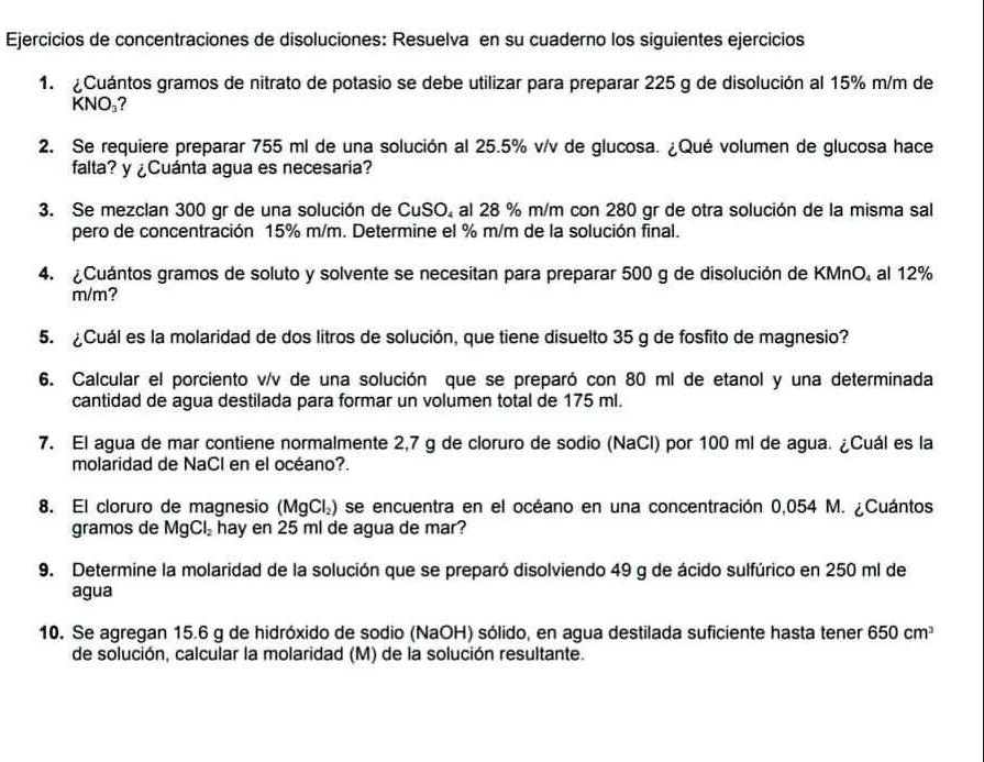SOLVED: Ayuda con estos problemas :( Ejercicios de concentraciones de disoluciones: Resuelva en ...