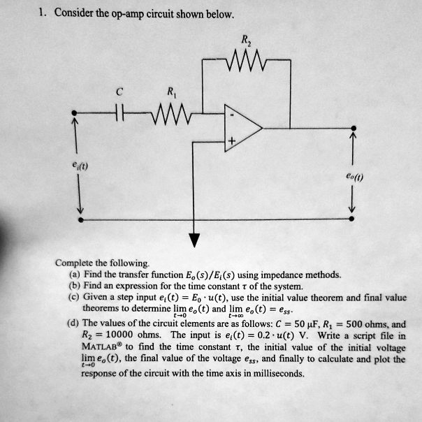Consider the op-amp circuit shown below. R, C R, e(t) e0(t) 1 Complete ...