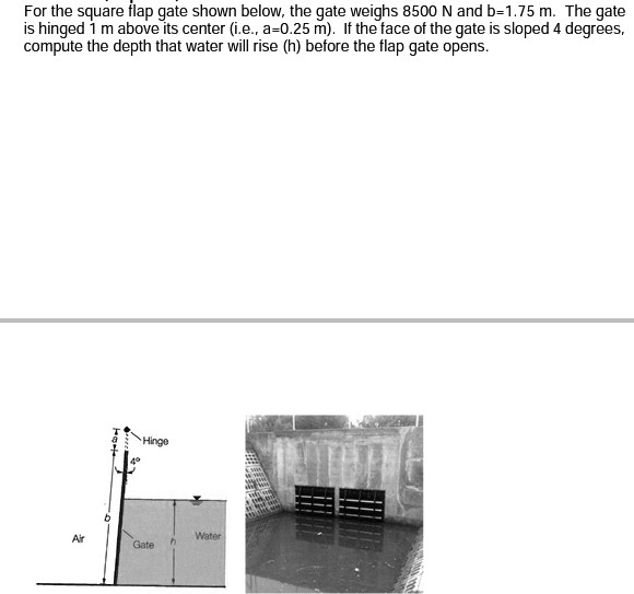 For the square flap gate shown below, the gate weighs 8500 N and b = 1. ...