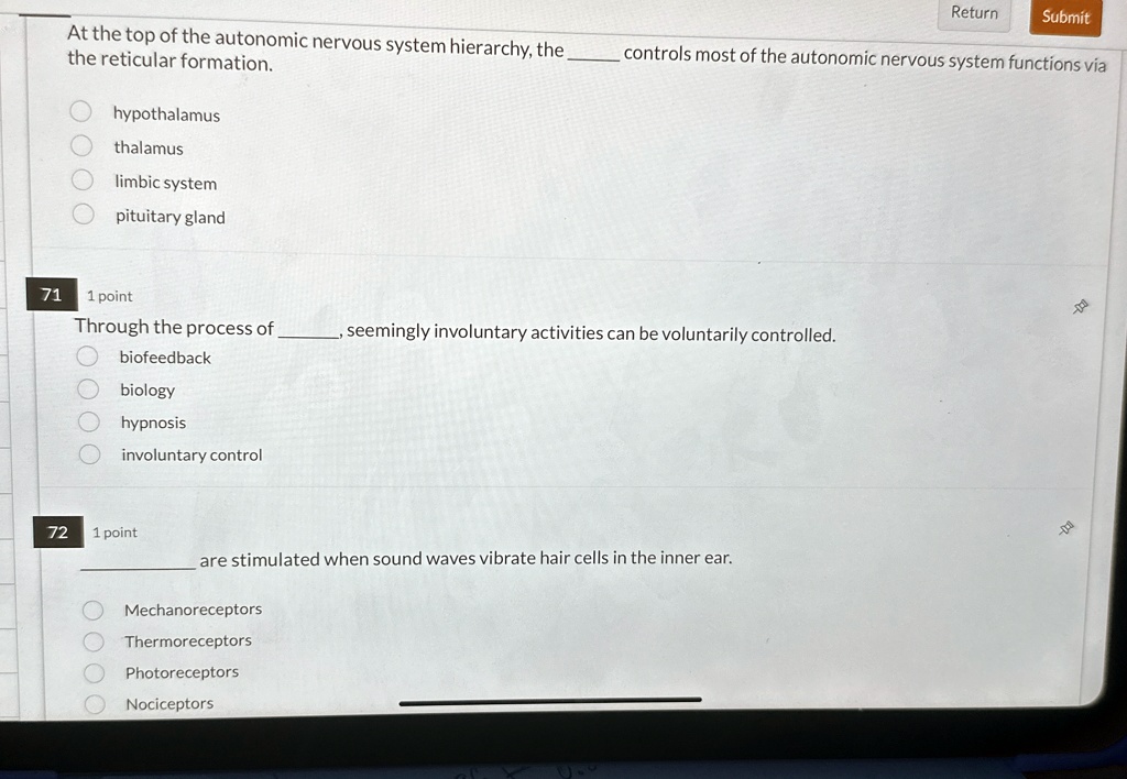 At the top of the autonomic nervous system hierarchy, the controls most of the autonomic nervous ...
