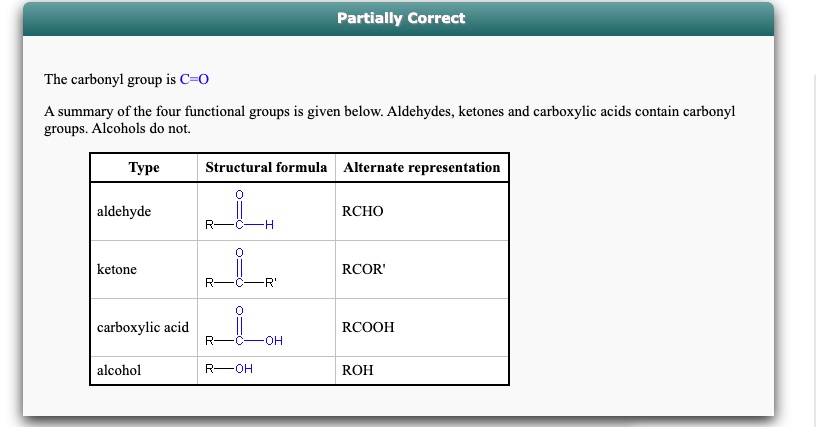 SOLVED: The carbonyl group is C=O. A summary of the four functional ...