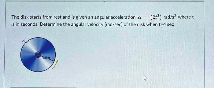 SOLVED: The disk starts from rest and is given an angular acceleration a = 2t^2 rad/s^2, where t ...