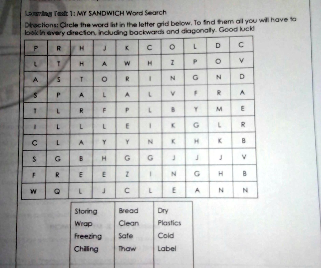 VIDEO solution: Learning Task 1: MY SANDWICH Word Search Directions ...