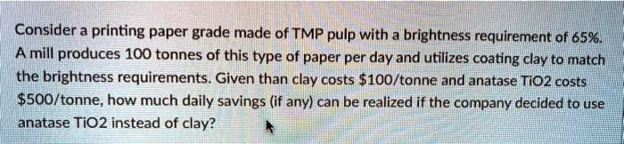 Consider a printing paper grade made of TMP pulp with a brightness ...