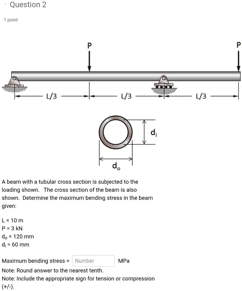 Question 2 1 point P L/3 L/3 L/3 do di A beam with a tubular cross ...