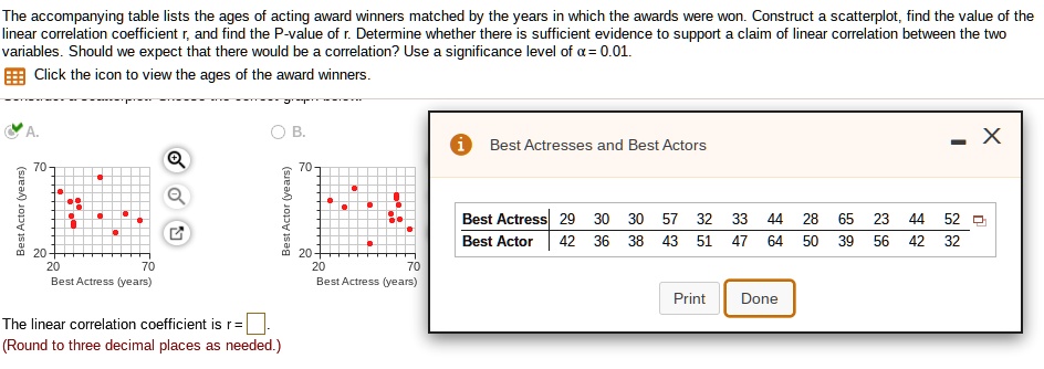 SOLVED: The accompanying table lists the ages of acting award winners matched by the ears which ...