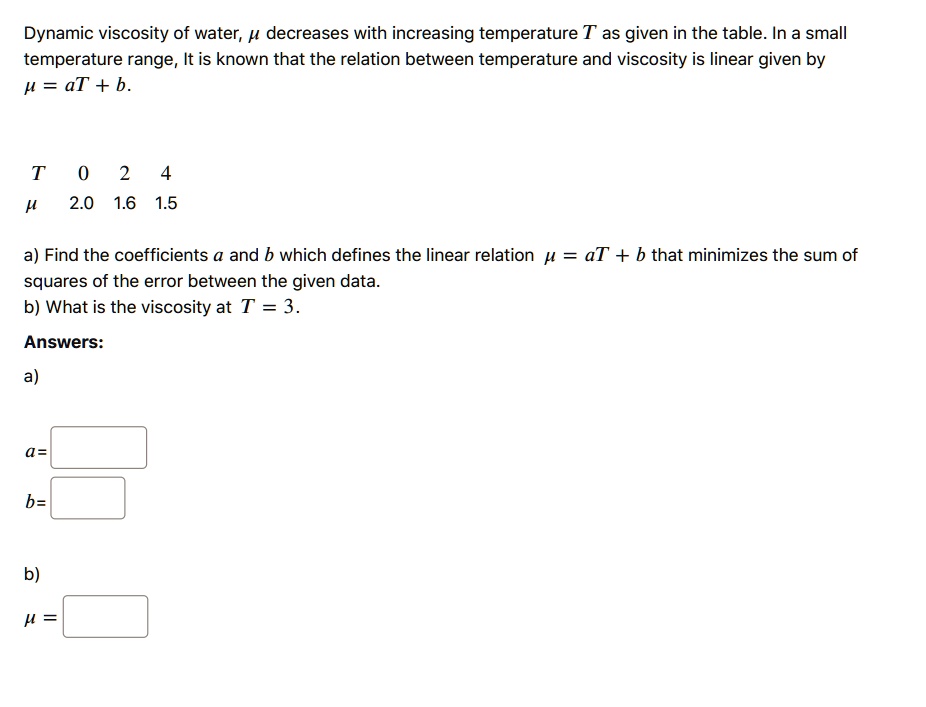 SOLVED: Dynamic viscosity of water, decreases with increasing temperature Tas given in the table ...