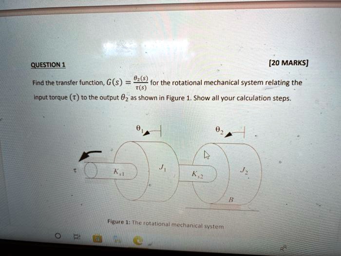 QUESTION 1 Find the transfer function, G(s) = (θ2(s))/(τ(s)) for the rotational mechanical ...