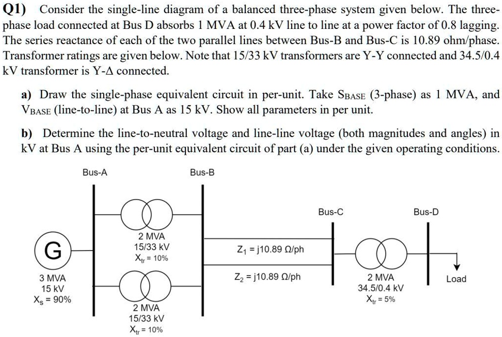 Q1) Consider the single-line diagram of a balanced three-phase system given below. The three ...