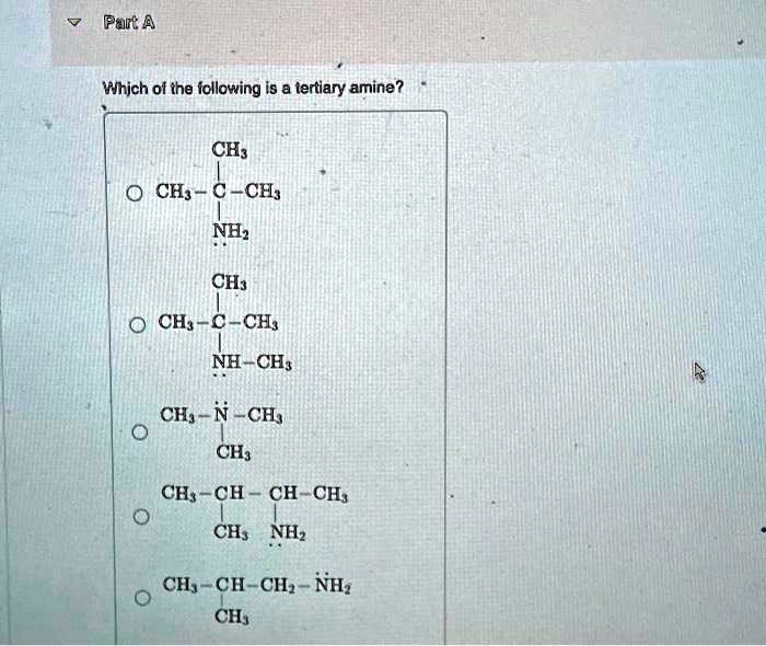 SOLVED: Which of the following is a tertiary amine? CH3 OCH3 CH3 NH2 CH3 OCH3 CH3 NH-CH3 CH3-N ...