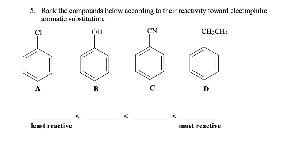 SOLVED: 5. Rank the compounds below according to their reactivity toward electrophilic aromatic ...