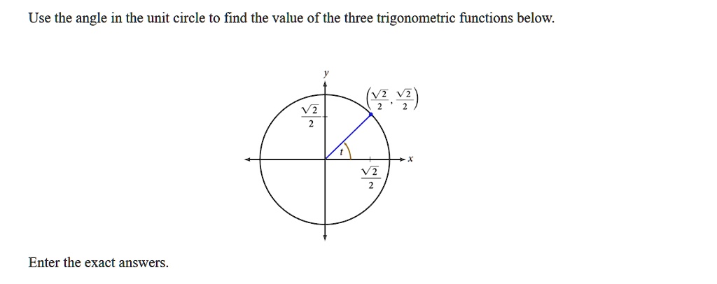 SOLVED: Use the angle in the unit circle to find the value of the three trigonometric functions ...