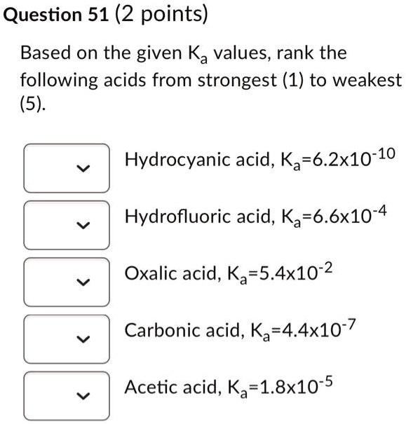 question 51 2 points based on the given ka values rank the following ...