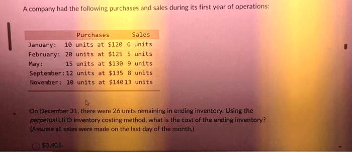 SOLVED: A company had the following purchases and sales during its first year of operations ...