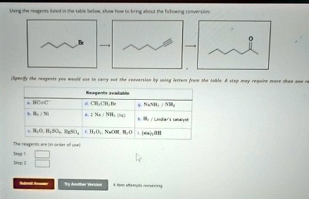 Using the reagents listed in the table below, show how to bring about the following conversion ...