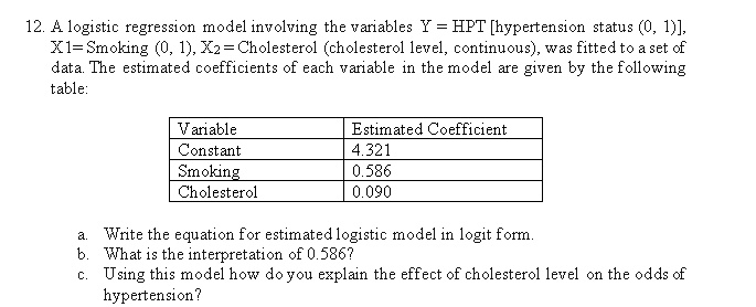 SOLVED: A logistic regression model involving the variables Y = HPT ...
