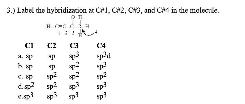 SOLVED: Label the hybridization at C1, C2, C3, and C4 in the molecule H-C=C-C-H 1 2 3 H C1 C2 C3 ...