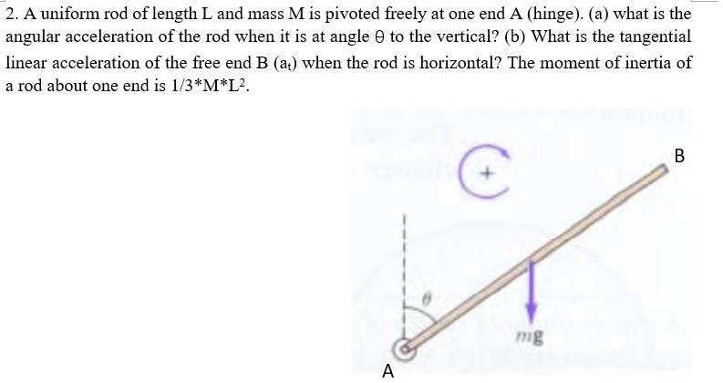 SOLVED: A uniform rod of length L and mass M is pivoted freely at one ...