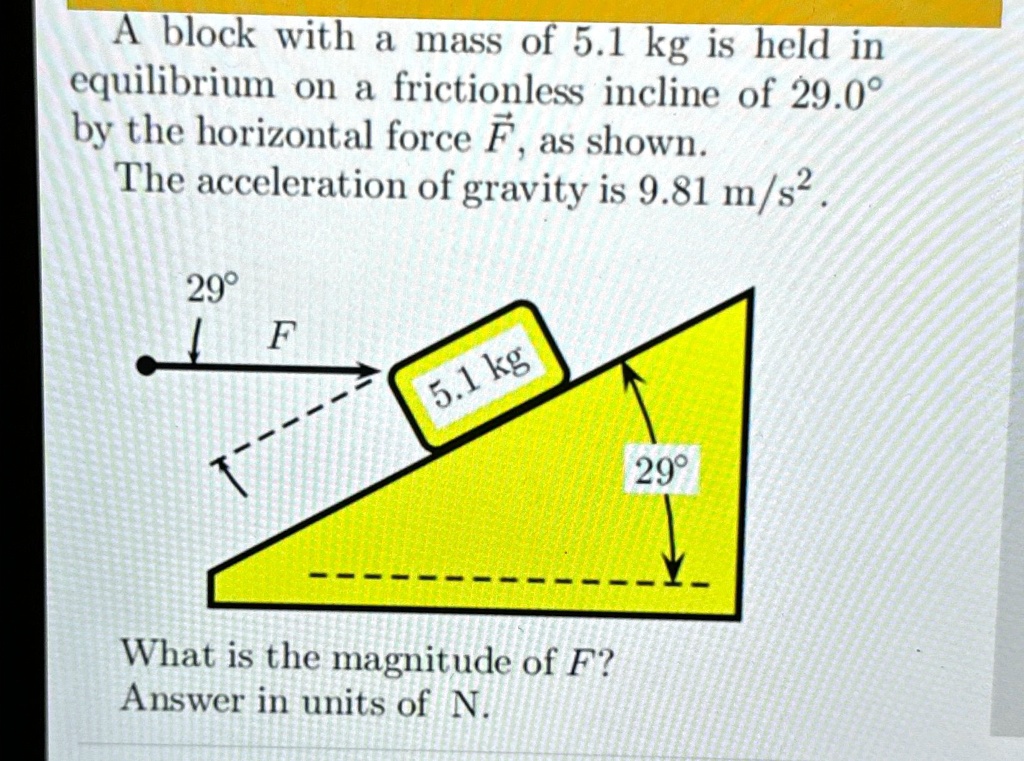 SOLVED: A block with a mass of 5.1 kg is held in equilibrium on a frictionless incline of 29.0 ...