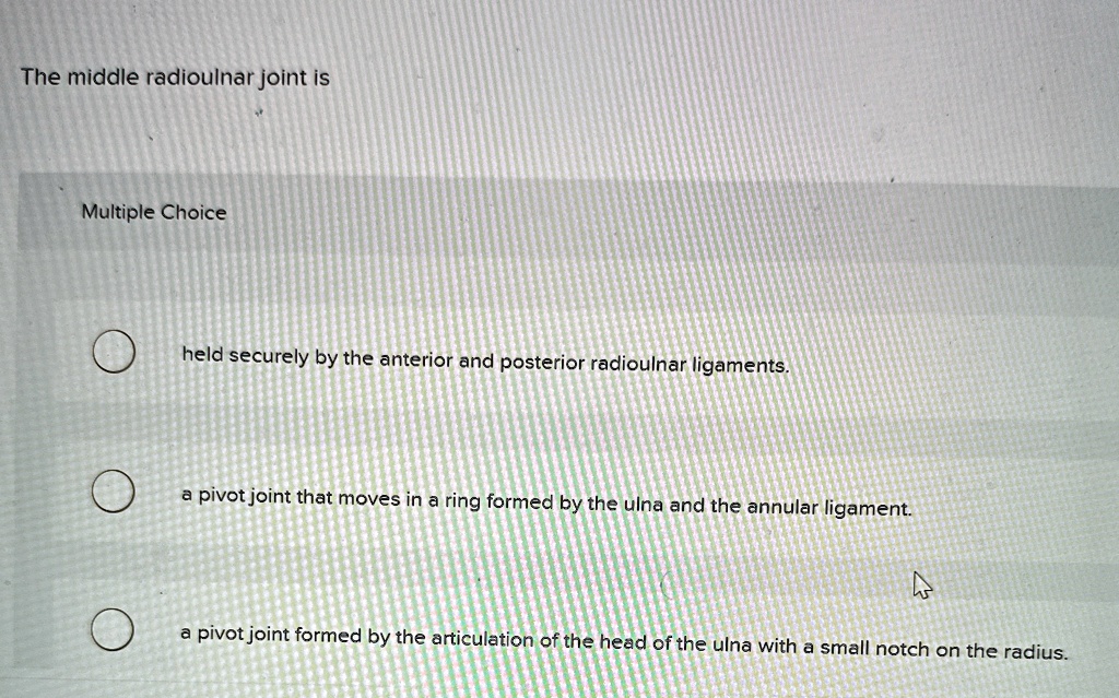 The middle radioulnar joint is Multiple Choice held securely by the ...