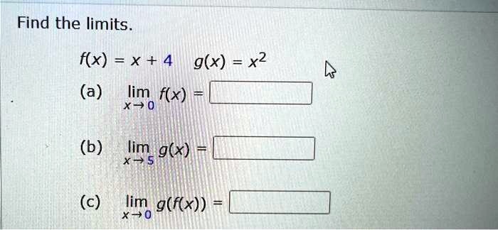 Find the limits. f(x) = x + 4 g(x) = x^2 (a) limx → 0 f(x) = (b) limx → 5 g(x) = (c) limx → 0 g ...