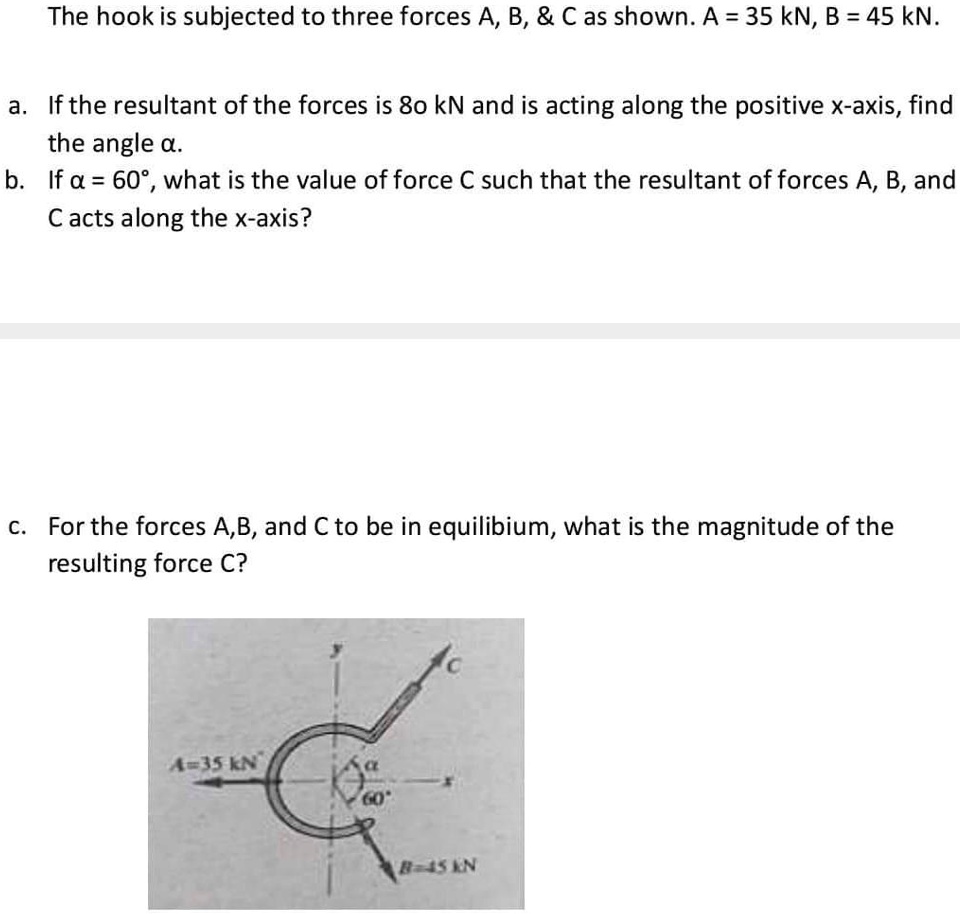 the hook is subjected to three forces a b c as shown a 35kn b 45 kn ifthe resultant ofthe forces ...