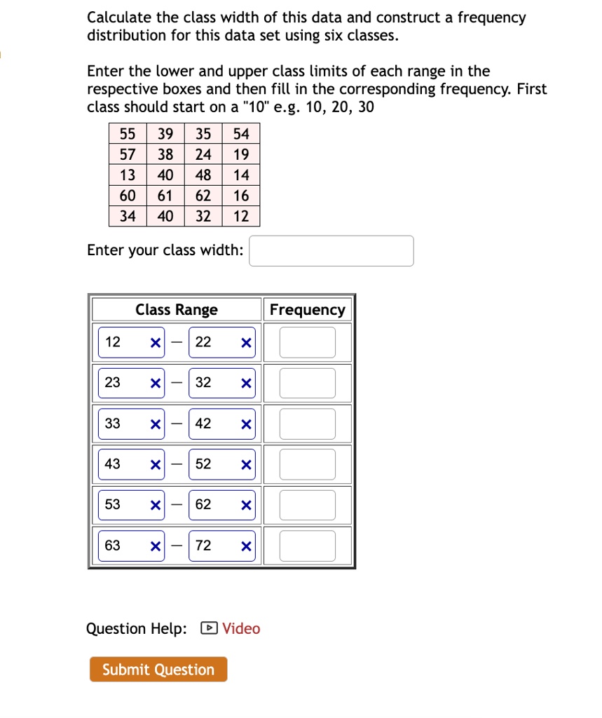 Solved Calculate The Class Width Of This Data And Construct A Frequency Distribution For This