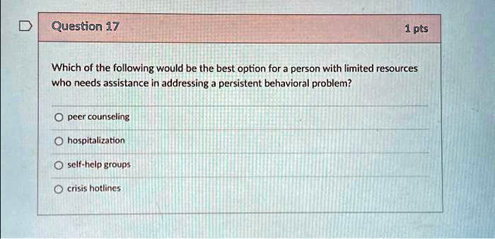 [GET ANSWER] Question 17 1 pts Which of the following would be the best ...