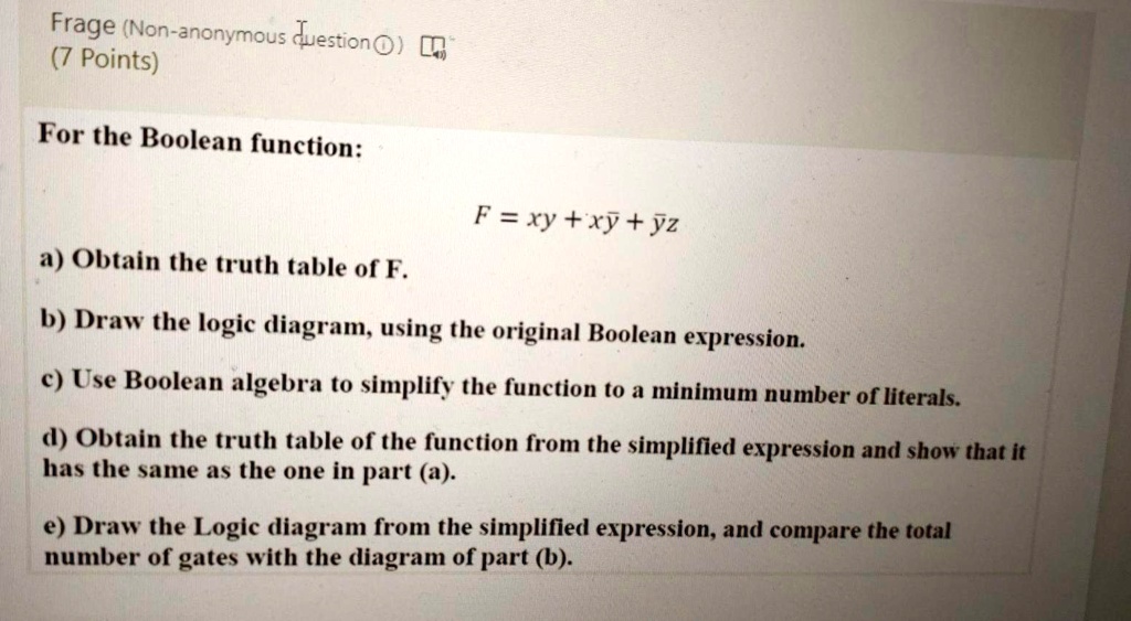 Solved Text Frage Non Anonymous Question 7 Points For The Boolean Function F Xy Xy