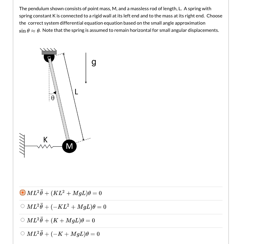 SOLVED: The pendulum shown consists of a point mass, M, and a massless rod of length, L. A ...