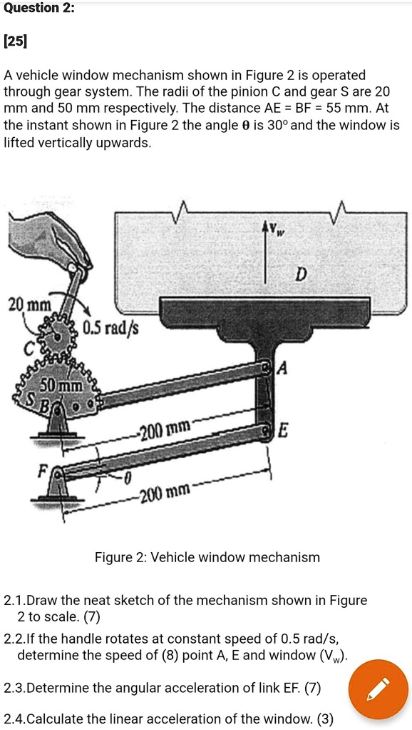Question 2: [25] A vehicle window mechanism shown in Figure 2 is ...