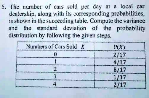 SOLVED: 5. The number 0f' cars sold per day at local car dealership ...
