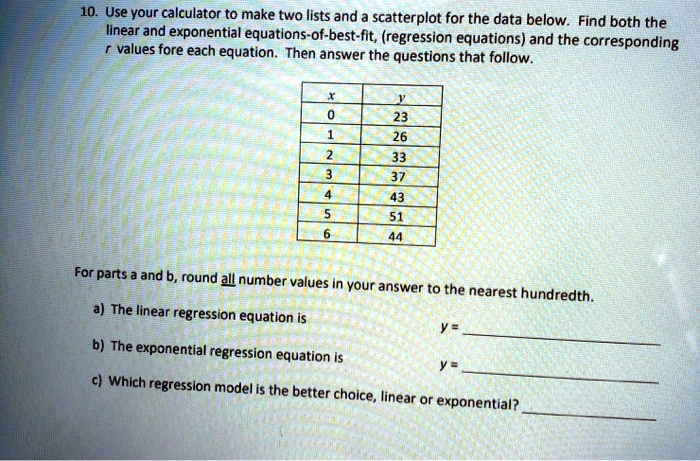 SOLVED:Use your calculator to make two lists ad a scatterplot for the data below. Find both the ...