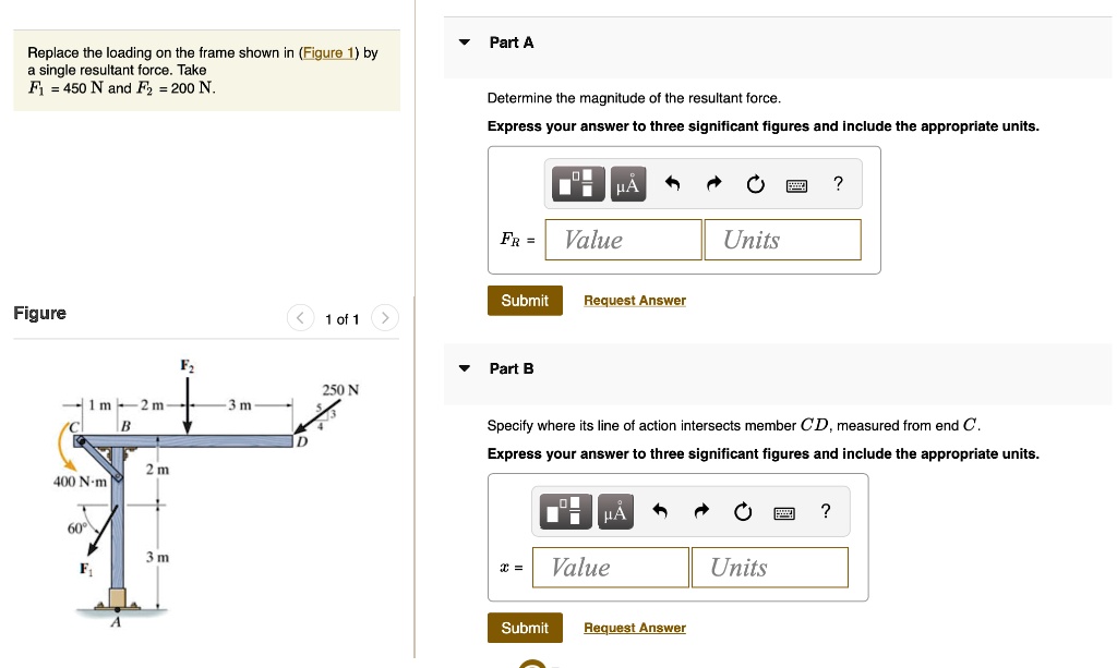 part a replace the loading on the frame shown in figure single resultant force take 450 and 200 ...
