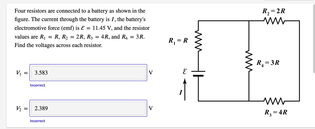 SOLVED: Four resistors are connected to a battery as shown in the figure. The current through ...