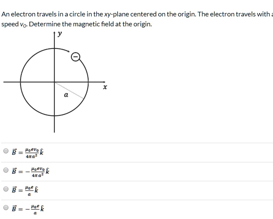 An electron travels in a circle in the xy plane centered on...