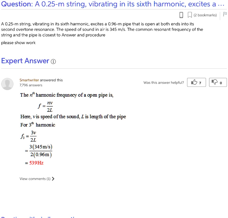 SOLVED: Question: A 0.25-m string, vibrating in its sixth harmonic ...
