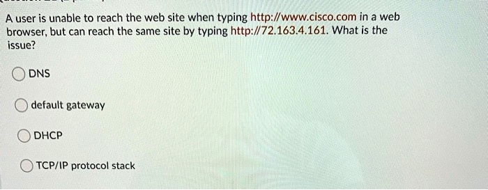 A user is unable to reach the web site when typing http://www.cisco.com in a web browser, but ...
