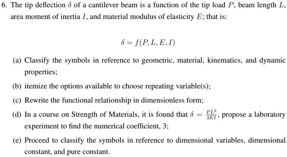 6. The tip deflection δ of a cantilever beam is a function of the tip load P, beam length L ...