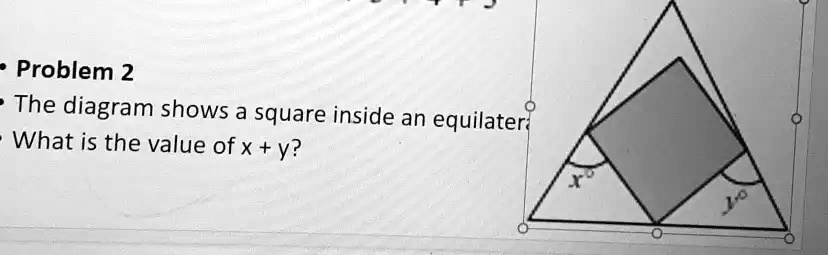 The diagram shows a square inside an equilateral triangle. What is the value of x + âˆšv?