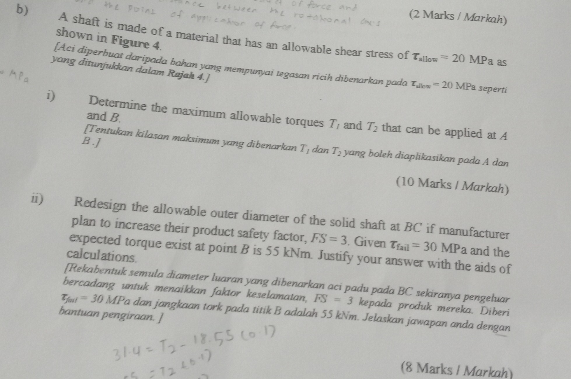 SOLVED: b) A shaft is made of a material that has an allowable shear stress of τallow =20 MPa as ...