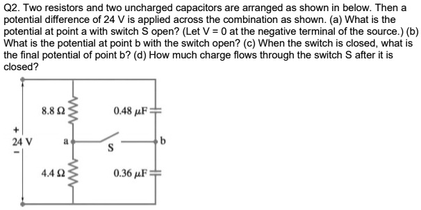 02 two resistors and two uncharged capacitors are arranged as shown in ...