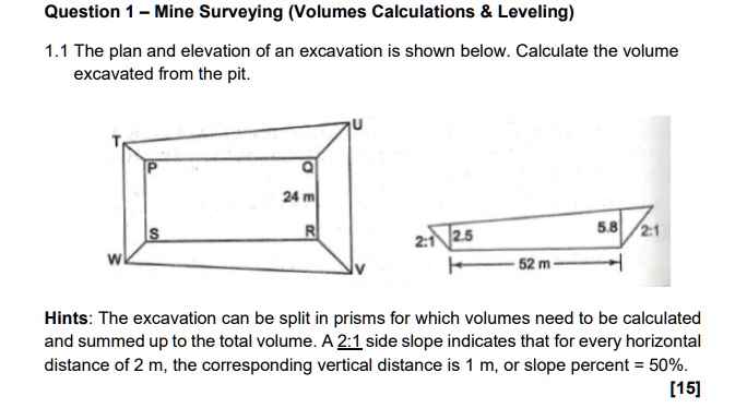 SOLVED: Question 1-Mine Surveying(Volumes Calculations Leveling 1.1 The ...