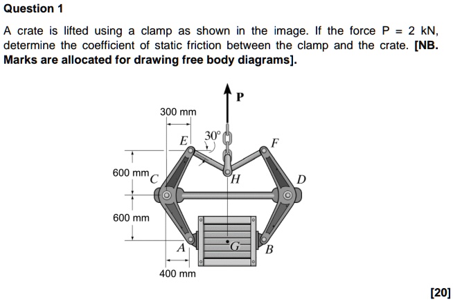 Question 1 A crate is lifted using a clamp as shown in the image. If ...