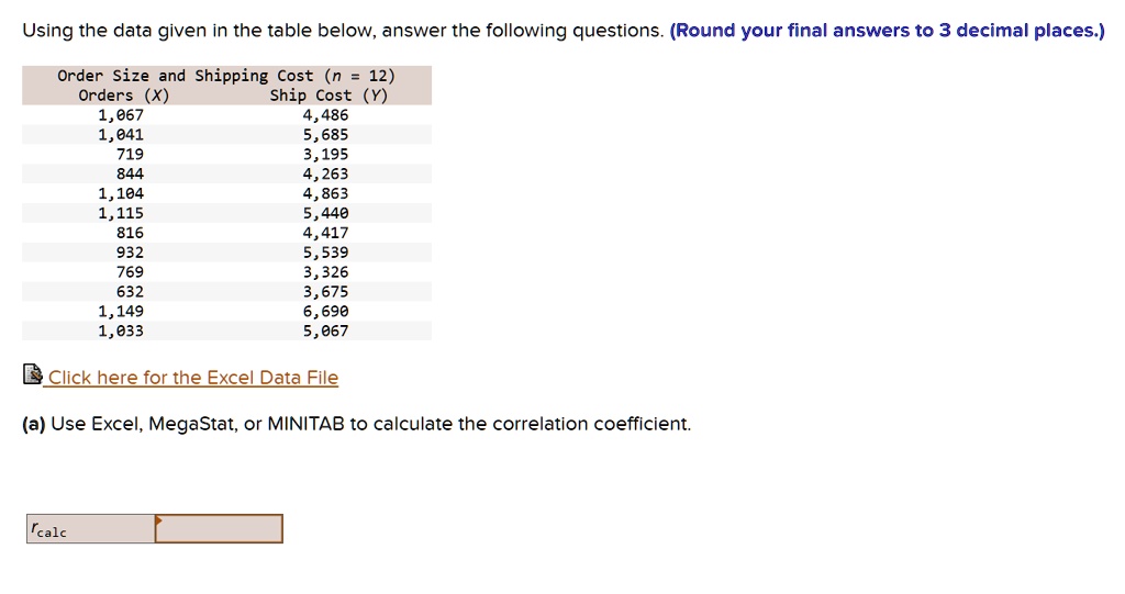 SOLVED: (a) Use Excel, MegaStat, or MINITAB to calculate the correlation coefficient rcalc