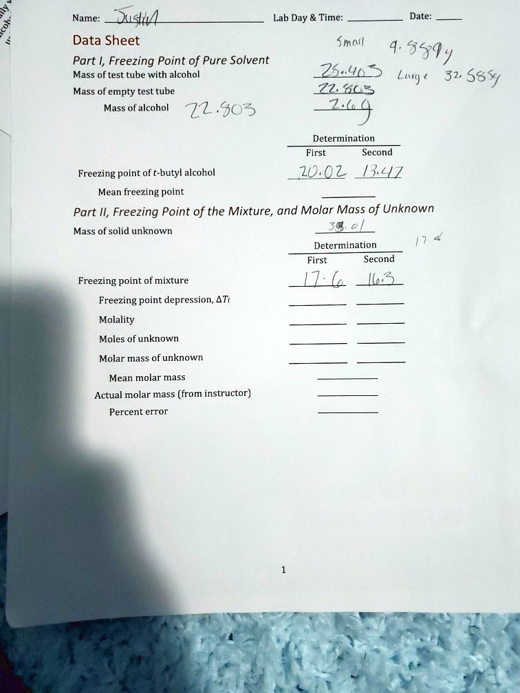 SOLVED: Name:usti Lab Day Time: Date: Data Sheet Smal 9.4594 Part I, Freezing Point of Pure ...